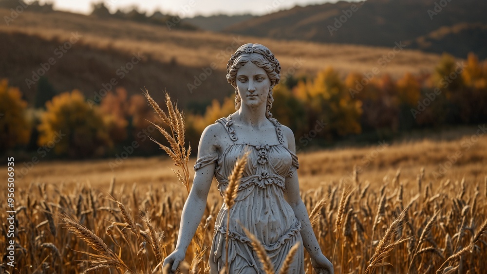 A statue of Persephone standing in an autumn field, holding golden ...