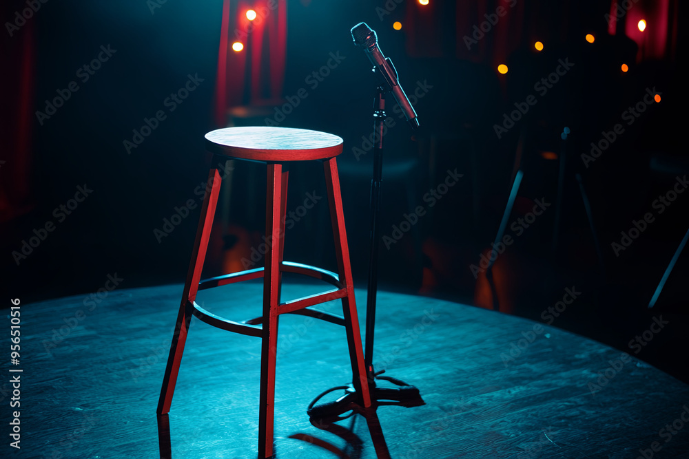 microphone and stool on a stand up comedy stage with reflectors ray ...