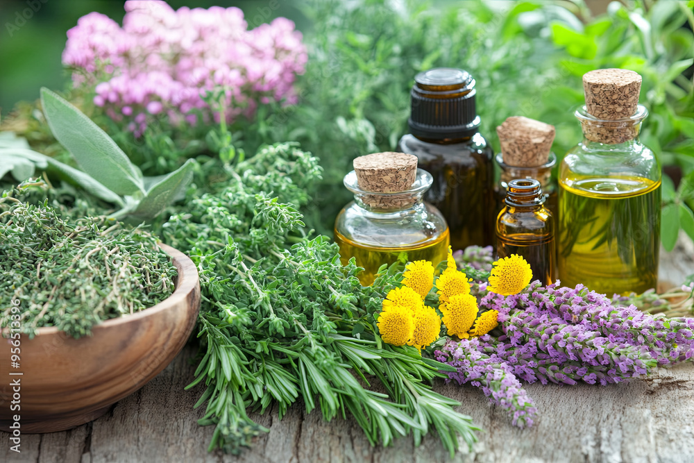 Fresh herbs from the garden and the different types of oils for massage ...