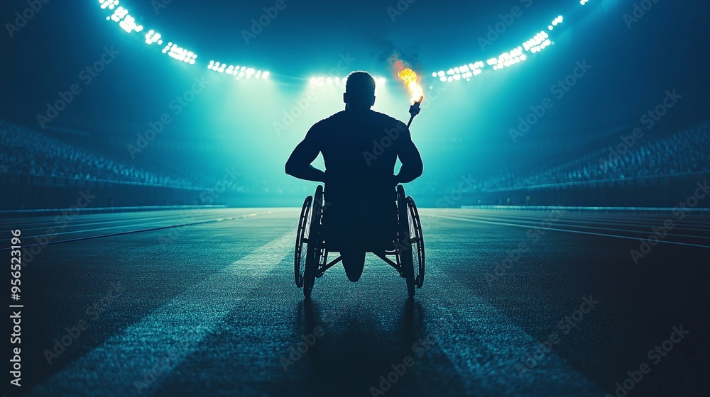Paralympic athlete in sports wheelchair carrying torch, facing forward ...