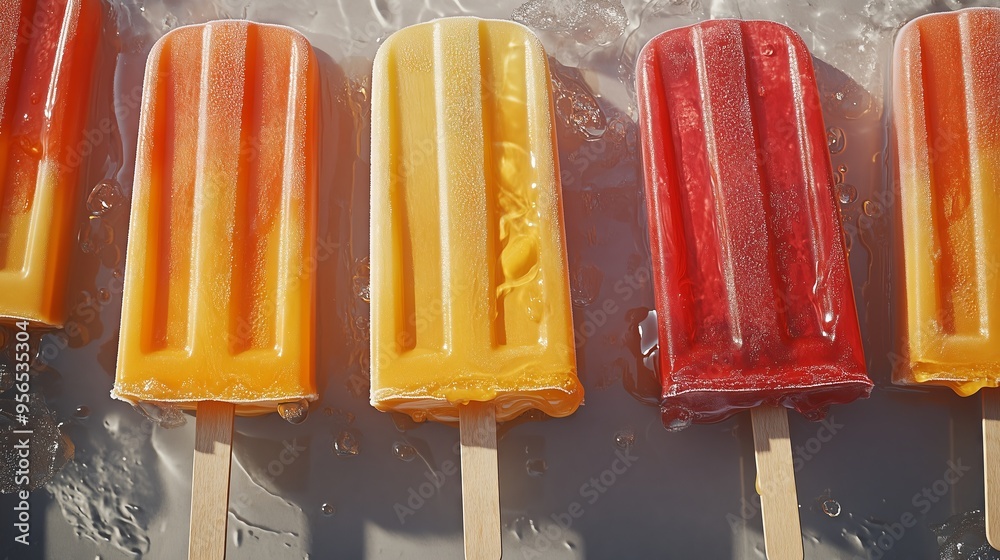 Colorful ice pops melt under the summer sun, evoking joy against a soft ...