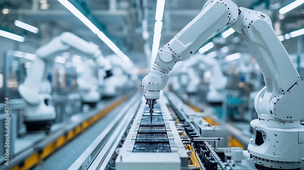 Foto de Stock Row of White Robotic Arms at Automated Production Line at Bright Modern Factory ...