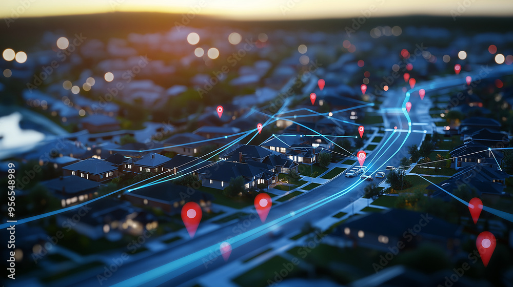 An aerial view of a suburban area, with bright red location markers ...