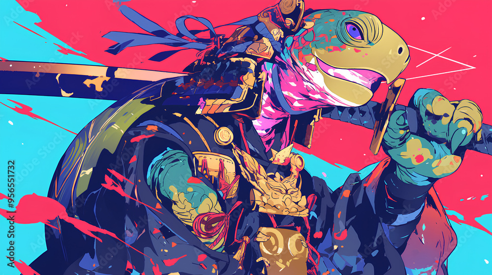 Cute turtle wearing Japanese samurai armor, cool poses, cute kawaii ...