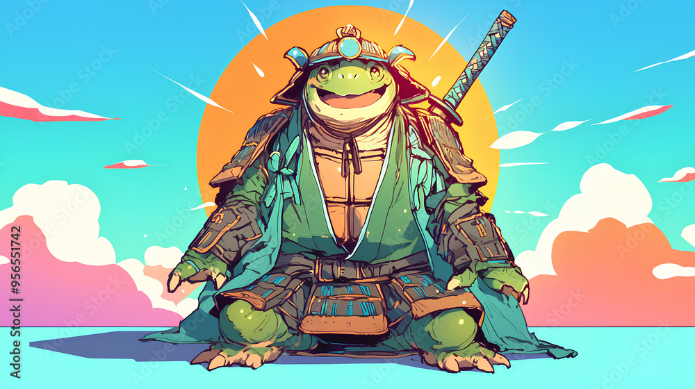 Cute turtle wearing Japanese samurai armor, cool poses, cute kawaii ...