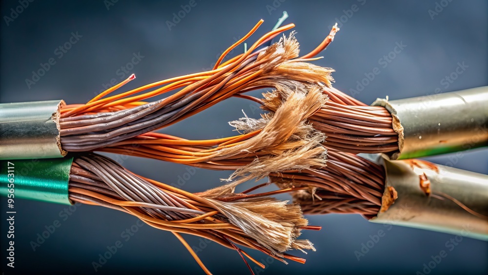 Tangled and frayed electrical wire with exposed copper conductors and insulation cracks ...