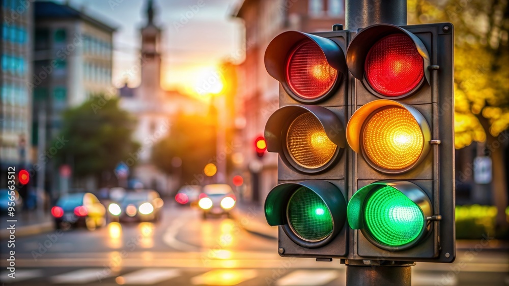 Semaphore traffic light on the street corner with red, yellow, and ...