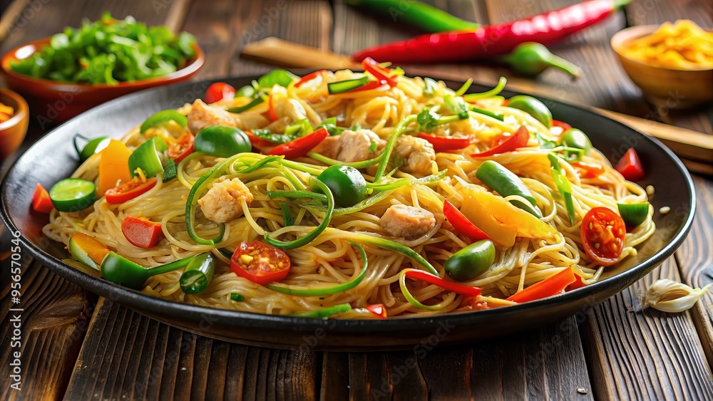 Vibrant Filipino dish pancit features stir-fried rice noodles, mixed ...