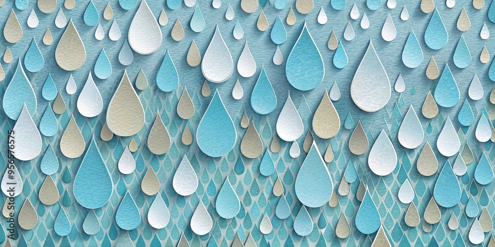 Layered paper cutouts of raindrops in various shapes and sizes creating ...
