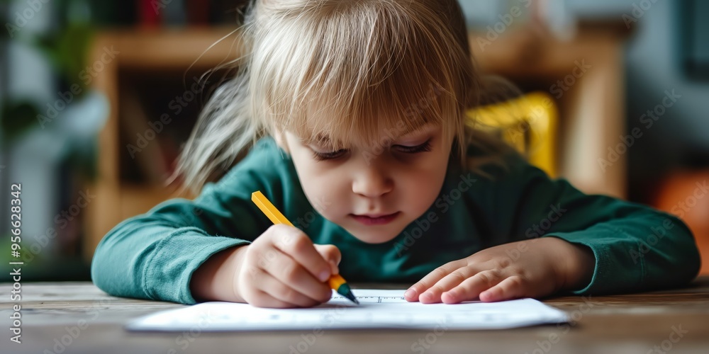 A young blonde girl intently drawing with a yellow pencil, showing deep ...