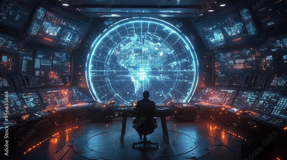 futuristic war room holographic battle map drone footage hightech ...