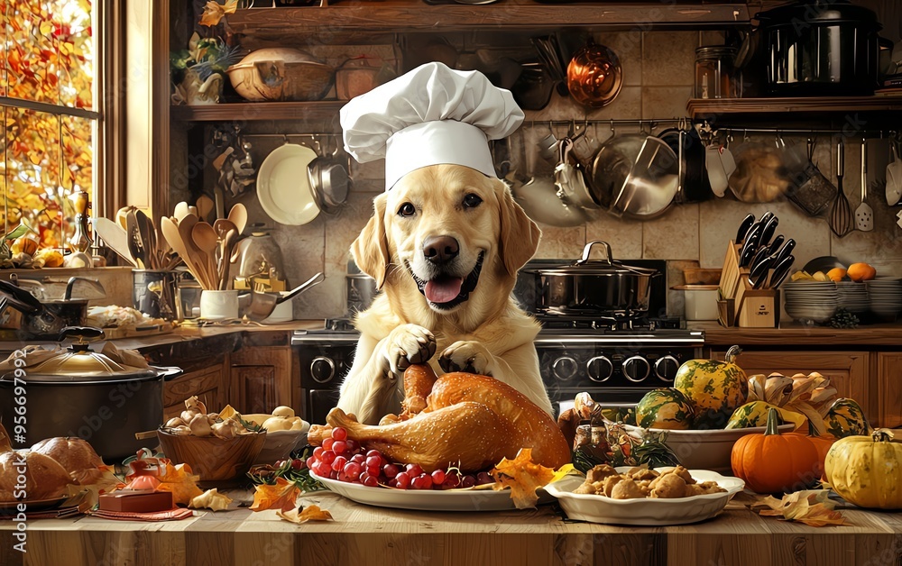 A golden retriever dog dressed as a chef holds a roasted turkey in a ...