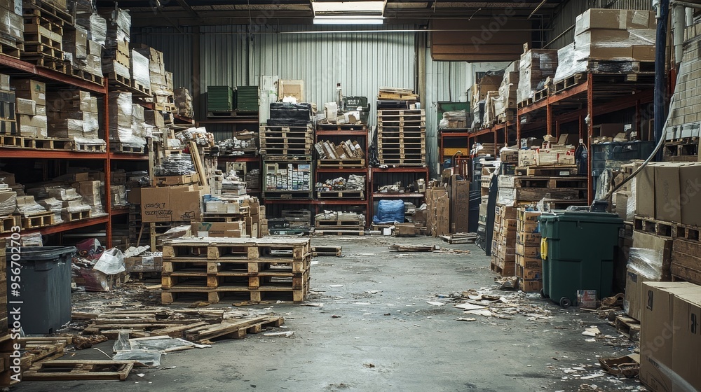Warehouse scene filled with mismatched pallets, some broken, scattered ...