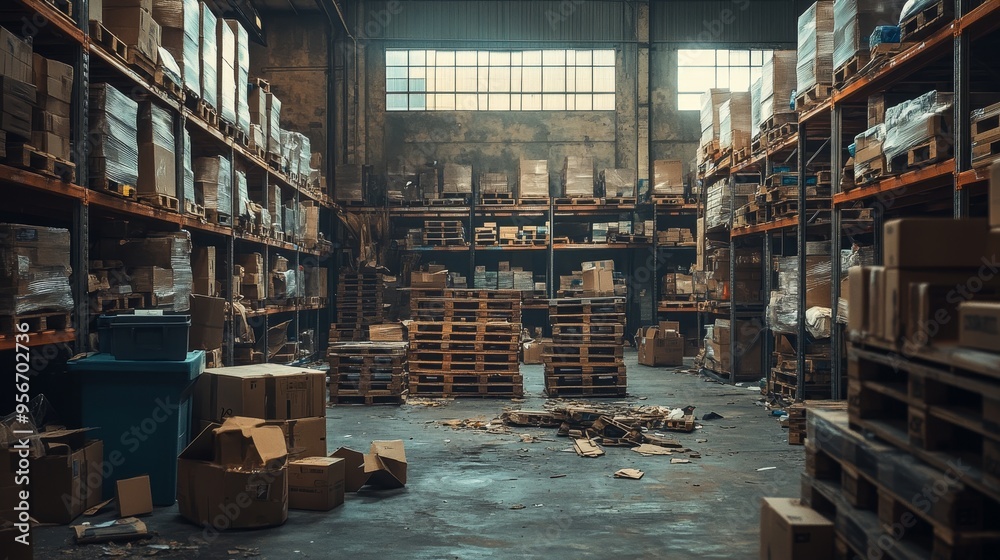Warehouse scene filled with mismatched pallets, some broken, scattered ...