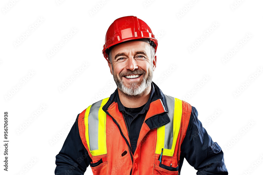 Cheerful American male construction worker portrait, front view ...