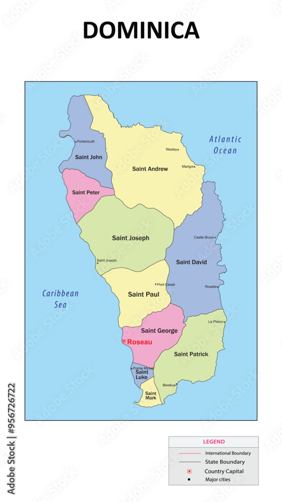 Dominica Map. State and union territories of Dominica with neighbouring ...