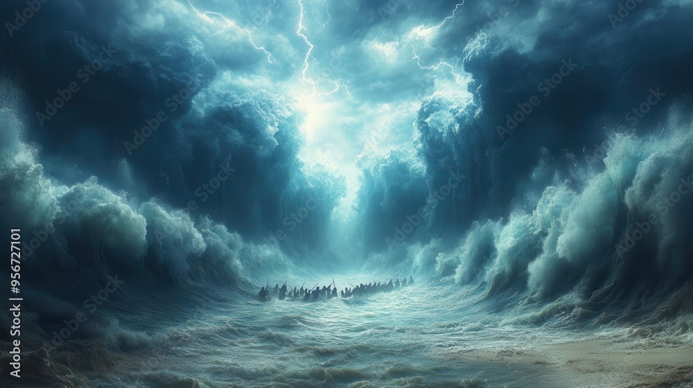 parting of red sea towering aqua walls israelites crossing on dry land ...