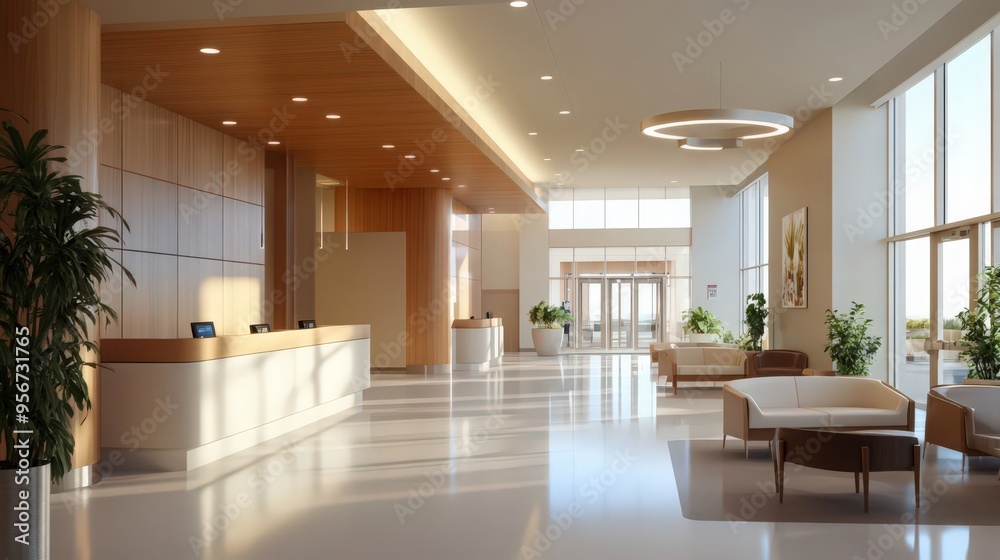 A modern hospital lobby with a spacious, open layout, comfortable ...