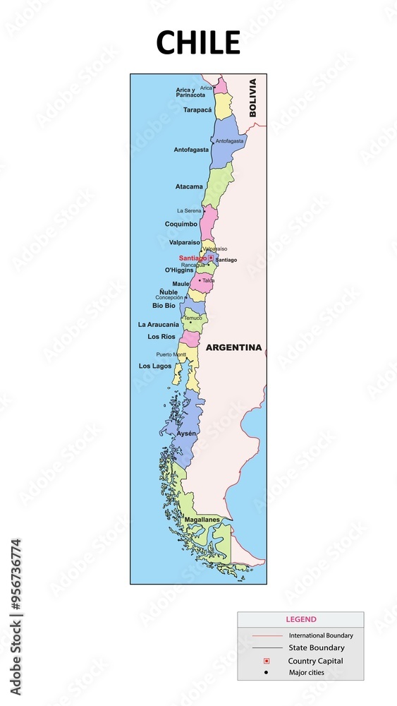 Chile Map. State and union territories of Chile with neighbouring ...