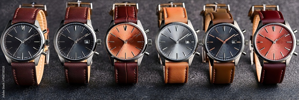 Vintage watch row, different details and colors, leather straps, wide ...