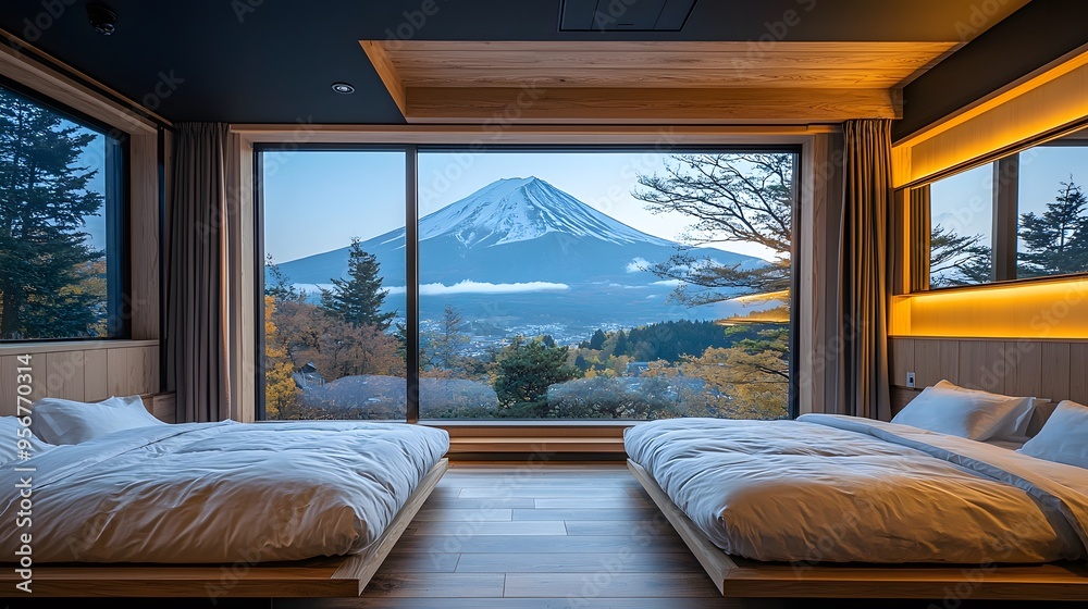 A luxurious Japanese hotel room featuring a large window framing a ...
