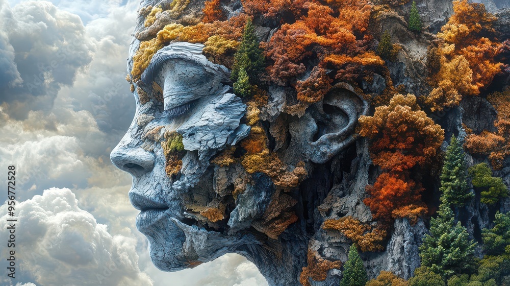 surreal portrait of mother nature her face a patchwork of diverse ...