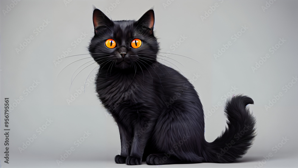 Graceful Black Cat with Smooth Shining Fur and Bright Orange Eyes ...