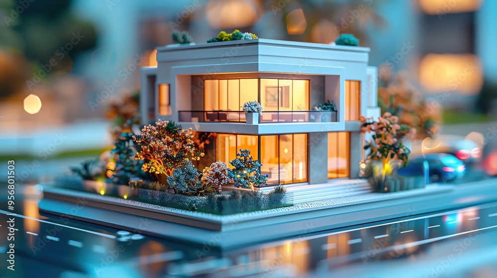 Modern two-story house model with warm lighting and detailed ...