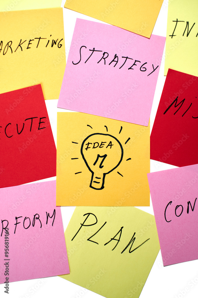 Brainstorming session with sticky notes on strategy and mission ...