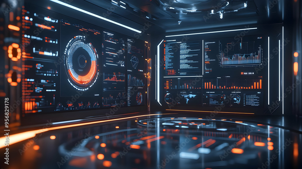 Data analyst visualizing data on a glossy dashboard in a flexible ...