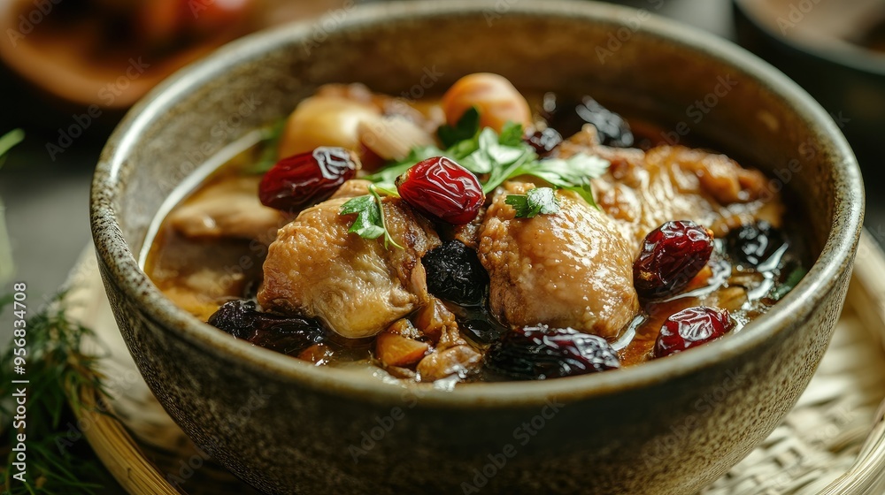 Close-up shot of Silkie chicken soup with black chicken, traditional ...
