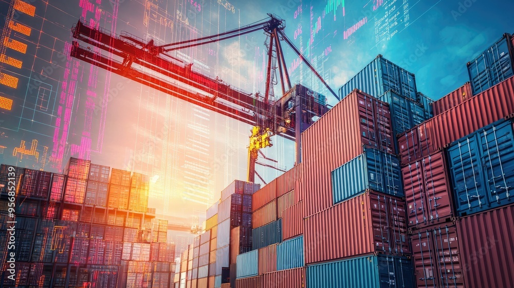 Crane lifting cargo containers from a ship at the port, with a ...