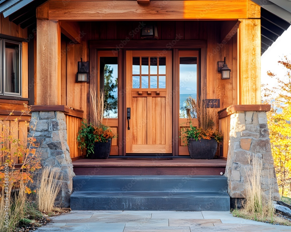 Georgian-style cottage entrance with wooden door, gabled porch, white ...