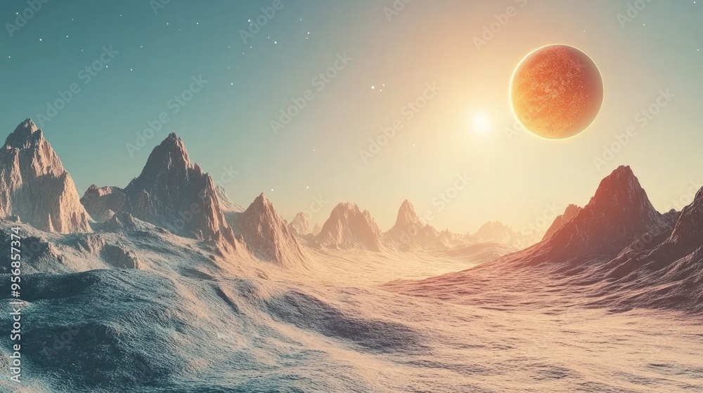 Fantastic landscape of an exoplanet illustrated in 3D cartoon style ...