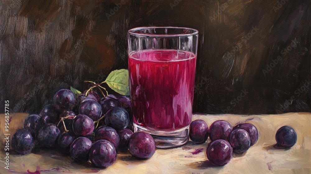 Oil painting of juice served in a glass made from jamun fruit also ...