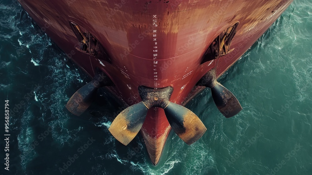 Detailed shot of a cargo ship stern with visible propellers and rudders ...