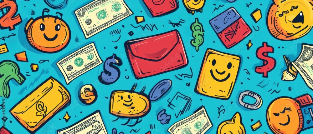 Bright Fun Financial Freedom Pattern with Happy Wallets, Dollar Bills ...