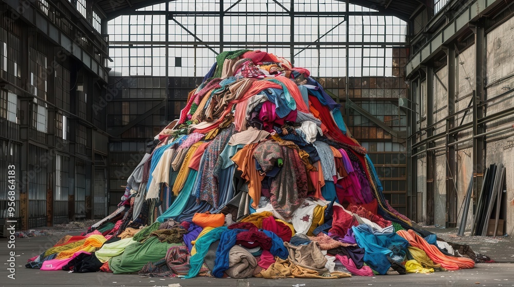 towering mound of discarded colorful textiles symbolizing fast fashion ...