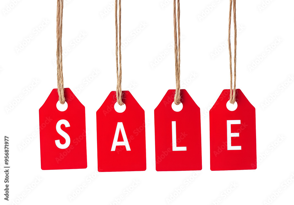 Four red hanging wobbly sale tags with strings isolated on transparent ...