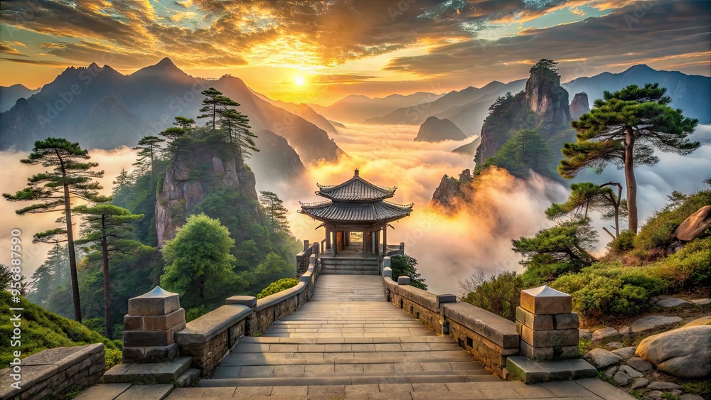 Classic Chinese Mountain Landscape Featuring Mist Shrouded Peaks