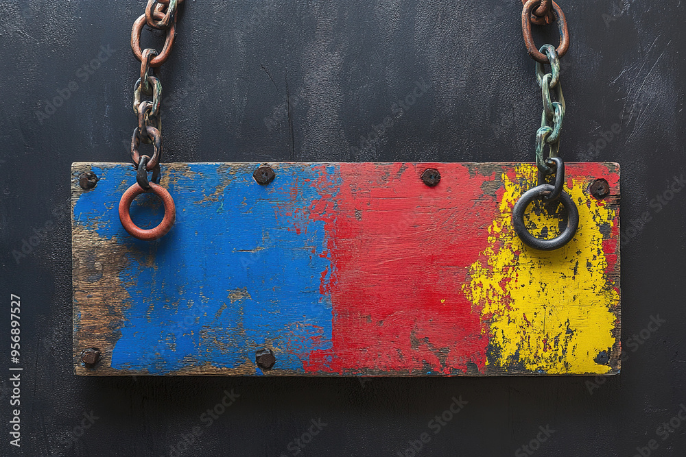 Black Background with Colorful Wooden Sign in Red, Blue, and Yellow ...