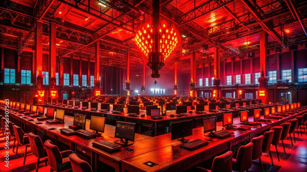 Dark, ominous gaming convention hall with eerie red lighting, rows of ...