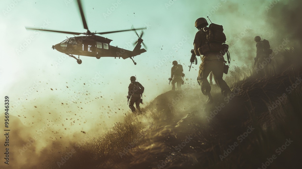 Helicopters and soldiers in action amid a dusty, war-torn landscape ...
