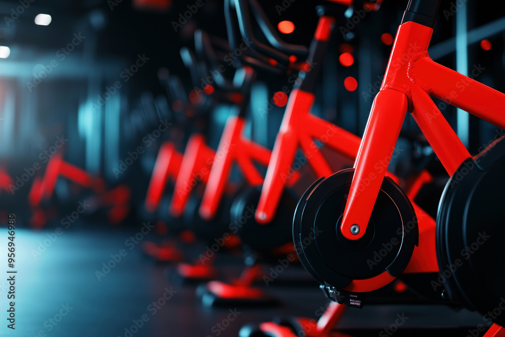 Red spinning bikes lined up in a sleek studio, illuminated by natural ...