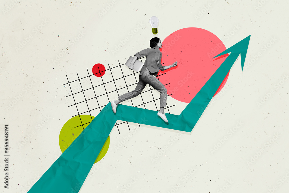 Creative trend collage of arrow point running female elecrtric bulb ...