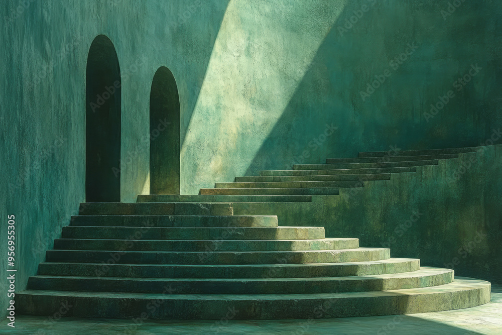 A classic Greek amphitheater with tiered stone seats, illuminated by ...