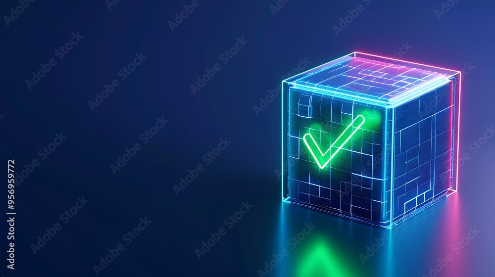 Futuristic digital checkmark icon in a glowing cube, representing ...