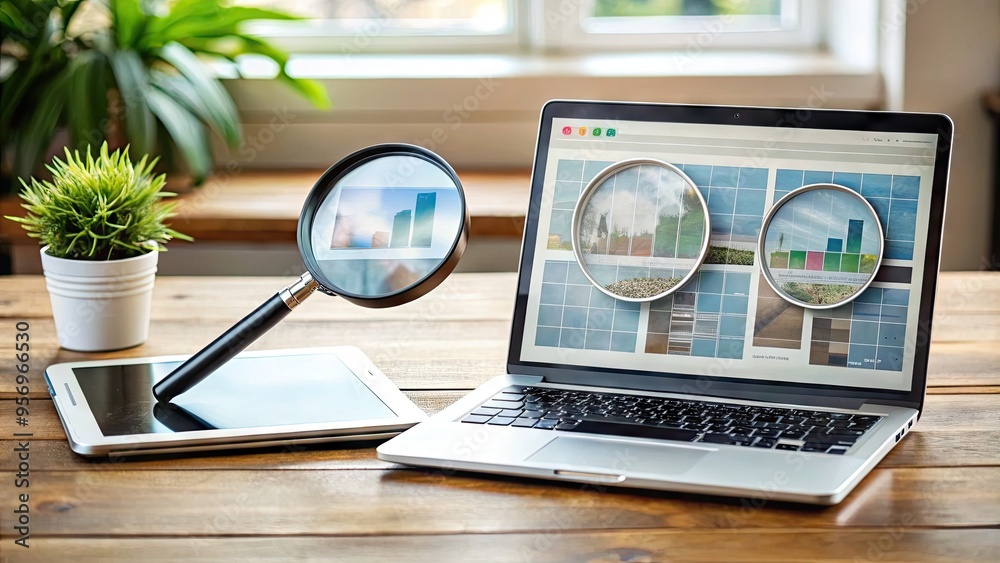 A magnifying glass hovers over a laptop screen displaying two versions ...