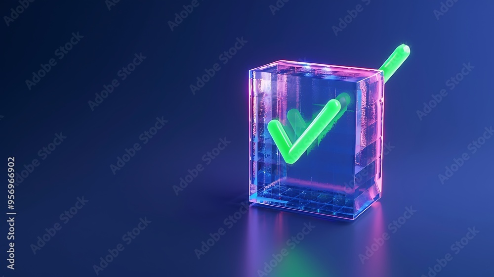 Futuristic neon checkmark inside transparent cube with dark background ...