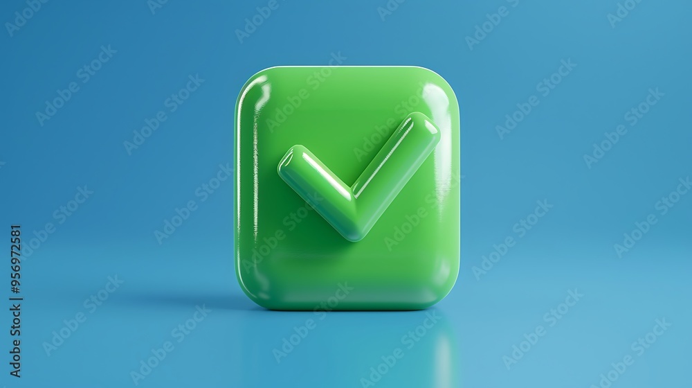Green checkmark icon in 3D against a blue background, representing ...
